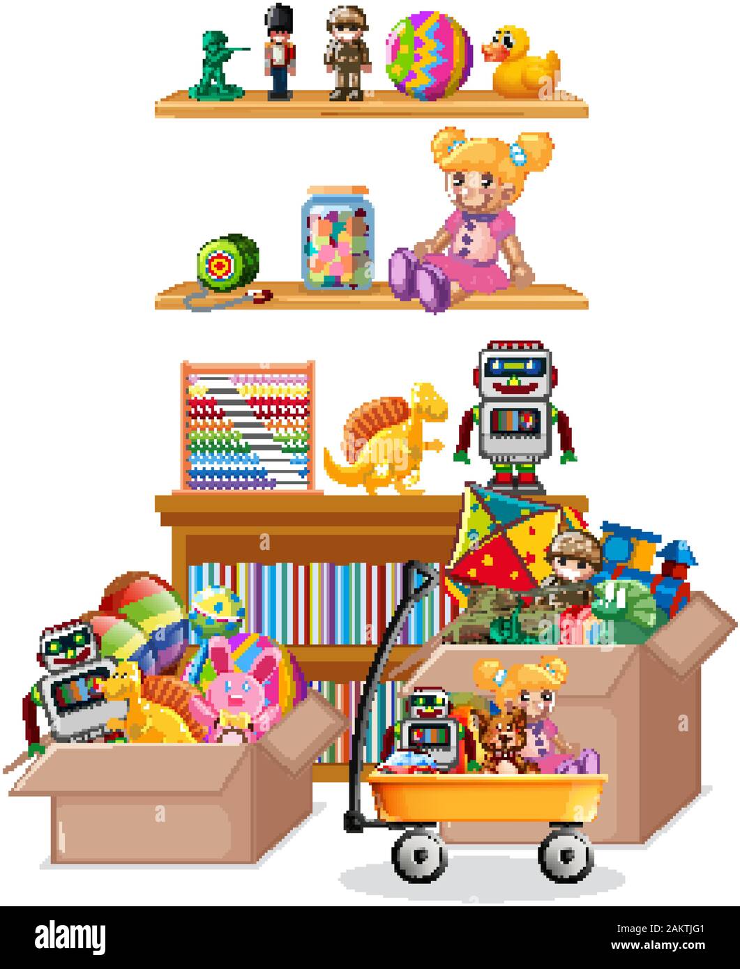Shelf full of books and toys on white background illustration Stock ...