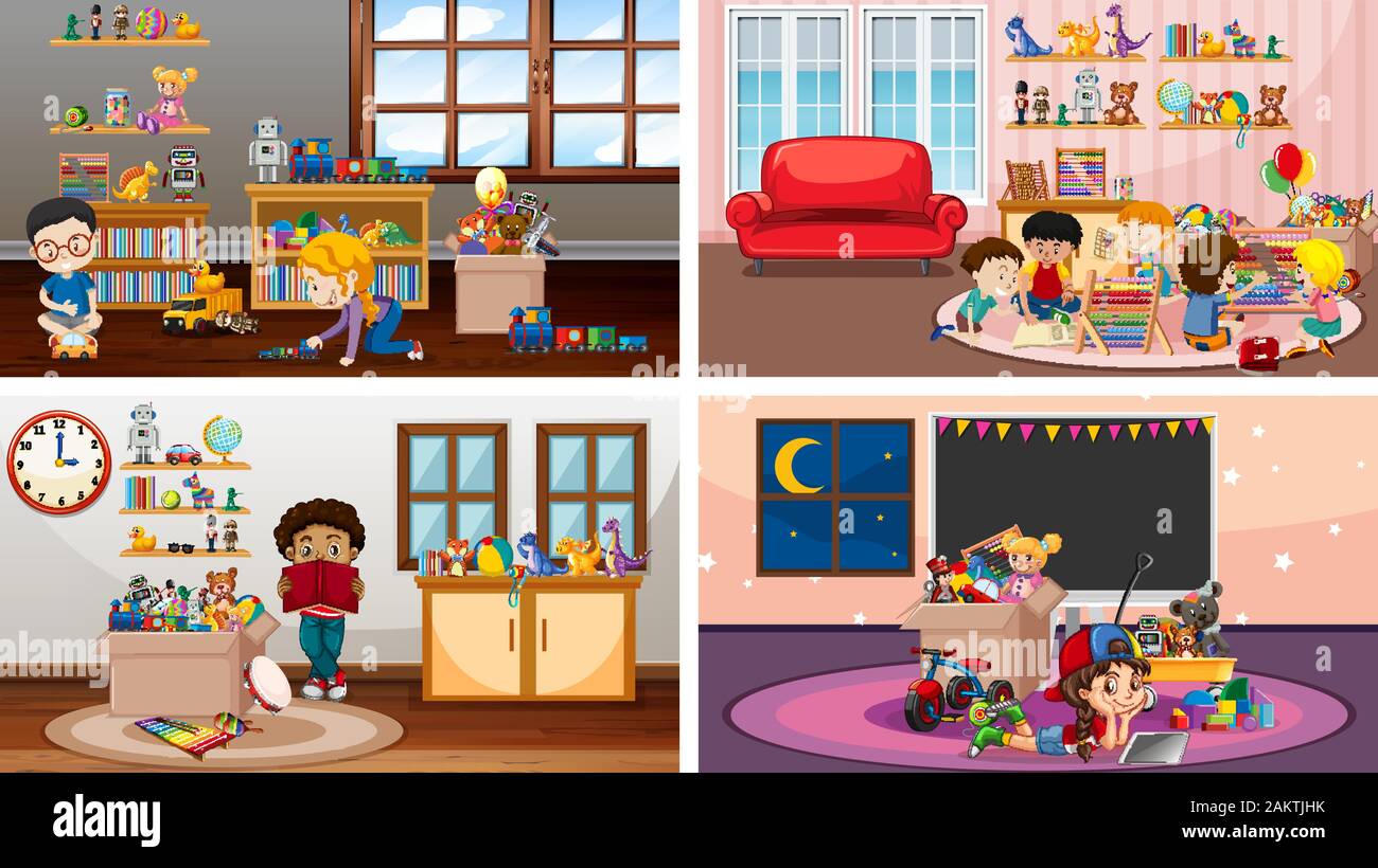 Four scenes with children playing in different rooms illustration Stock ...