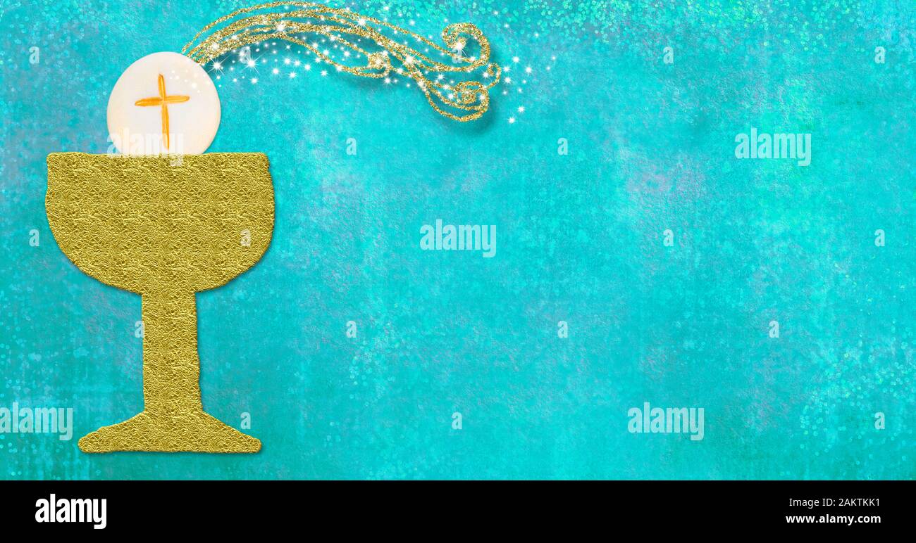 First holy communion invitation card. Gold chalice and host on blue ...