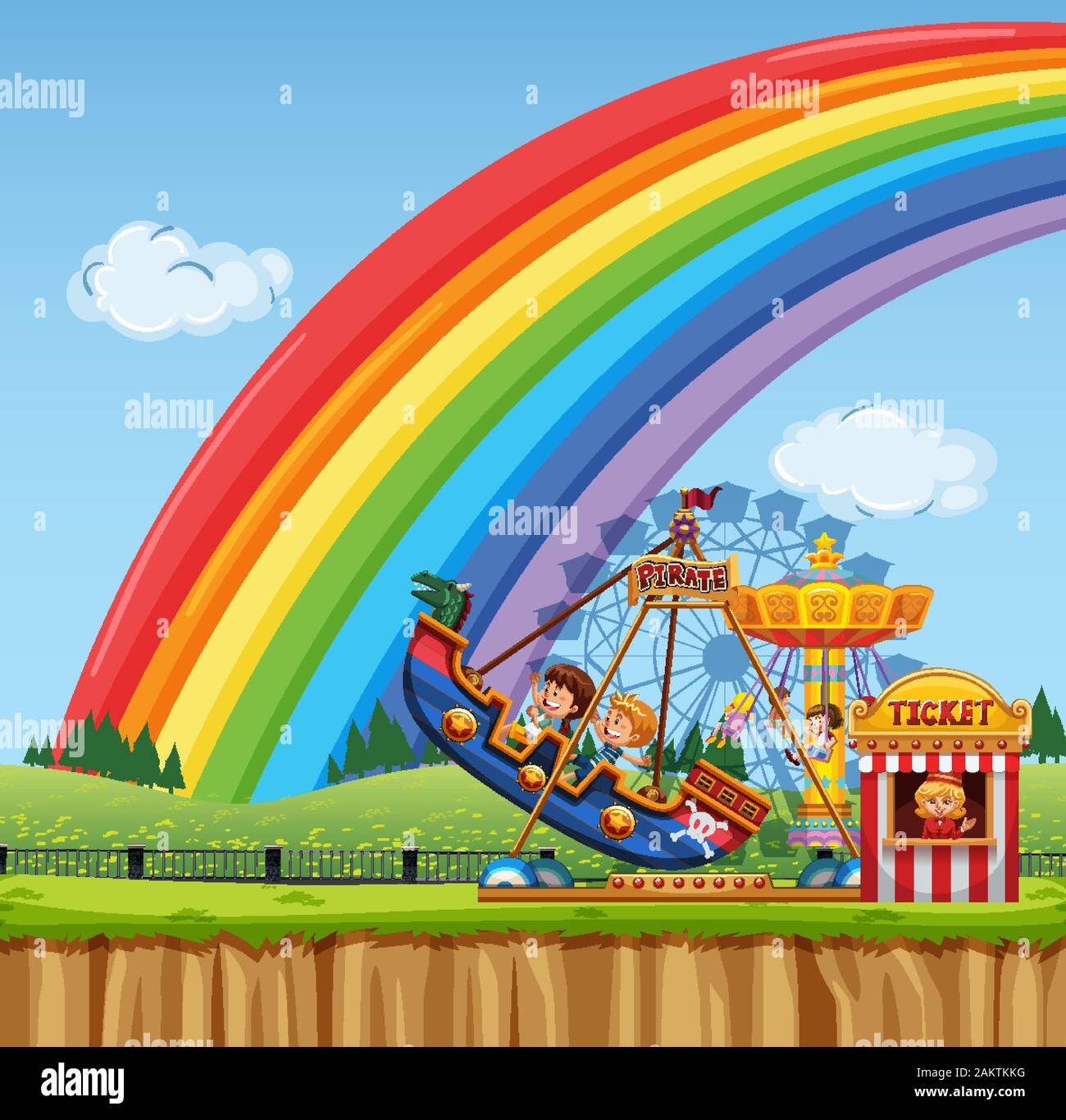 Circus scene with children riding on viking ship illustration Stock ...