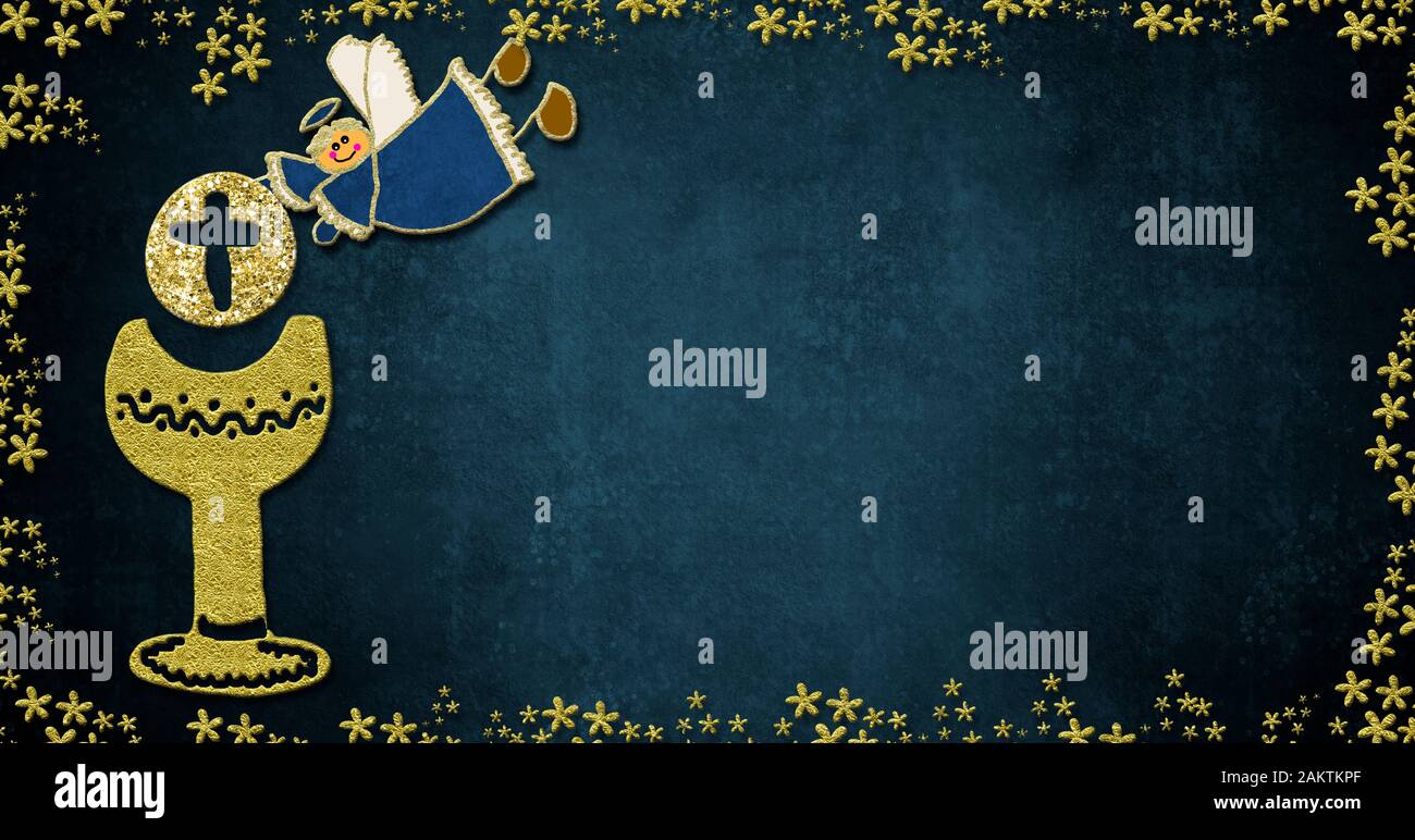 First holy communion invitation card. Angel and gold chalice on a dark ...