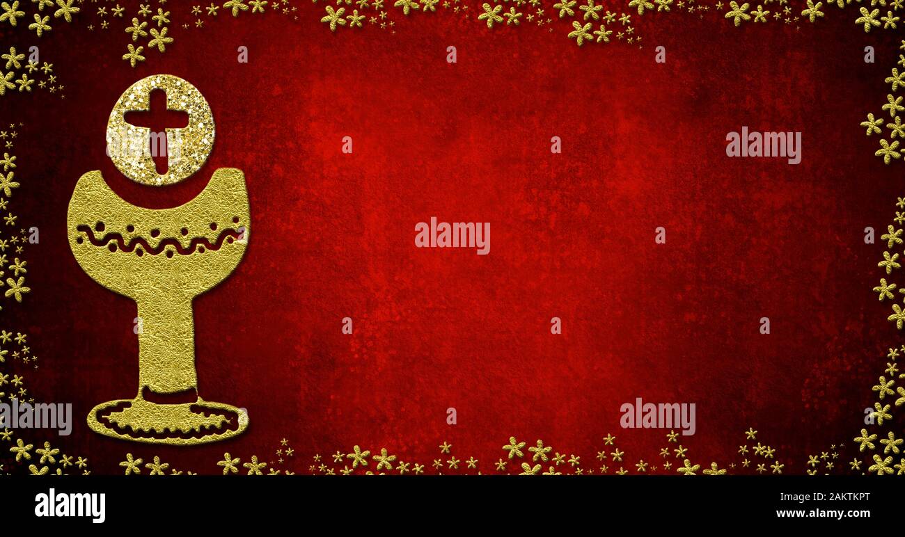 First holy communion invitation card. Gold chalice on a red paper ...