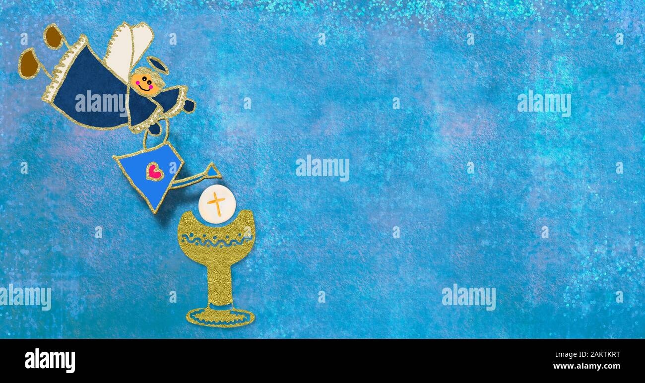 First holy communion invitation card. Angel with watering can and gold ...
