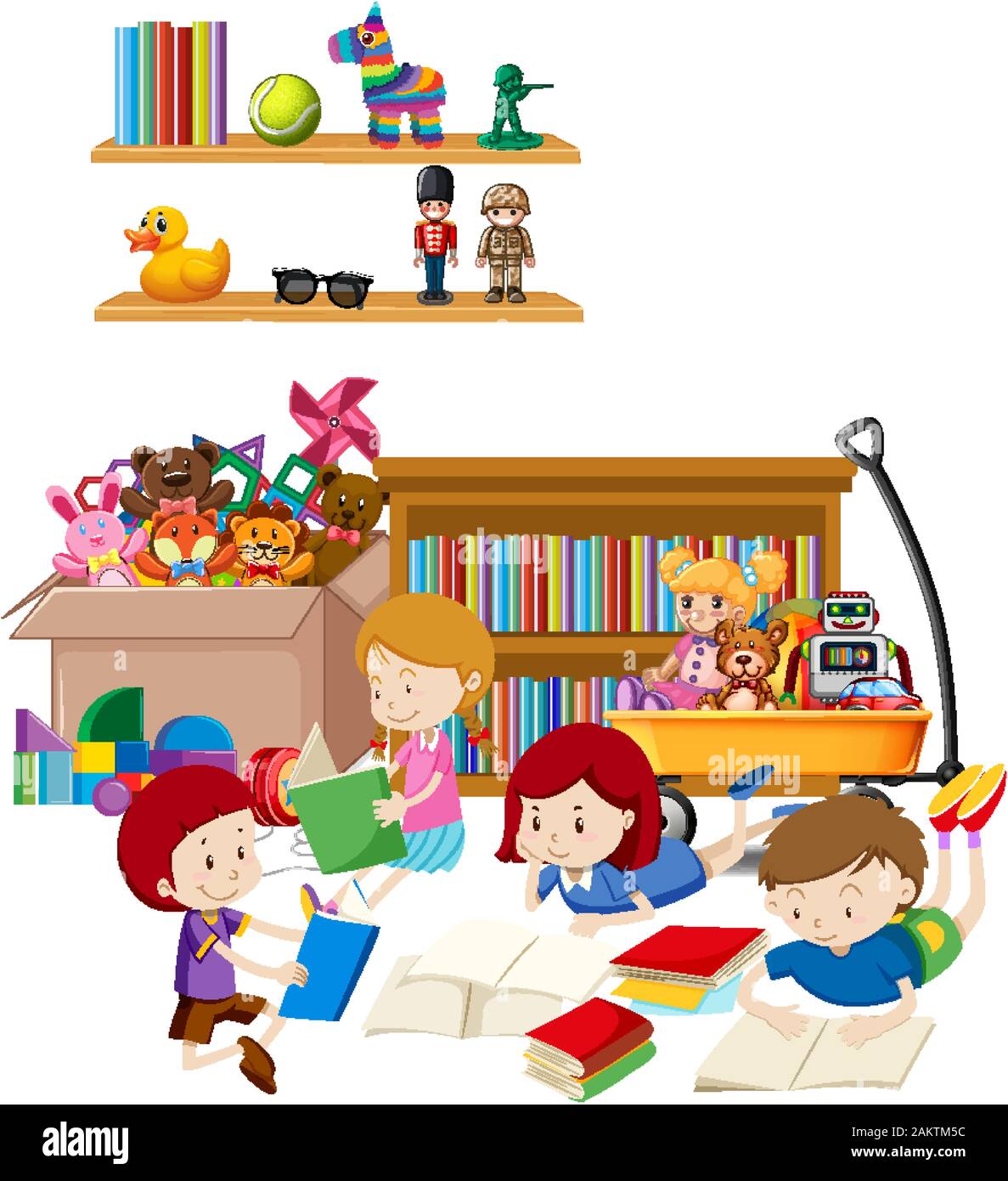 Room with many kids reading books on the floor illustration Stock ...