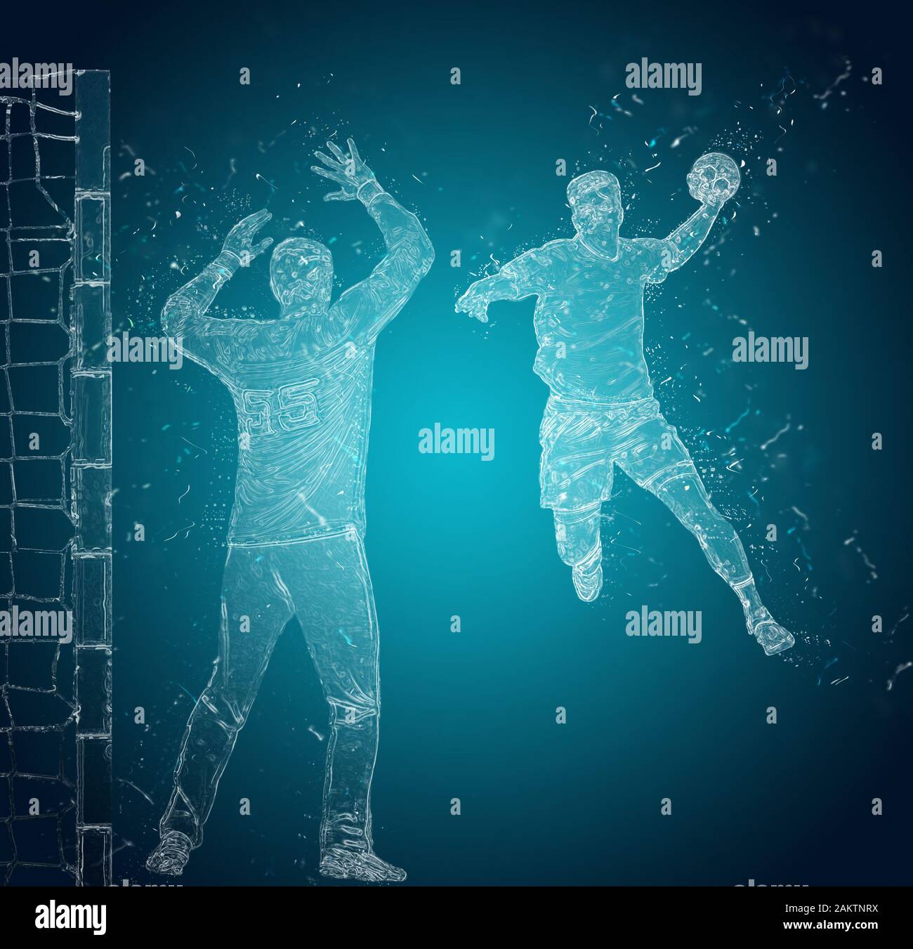 Abstract handball players in action. Handball goalkeeper vs forward ...