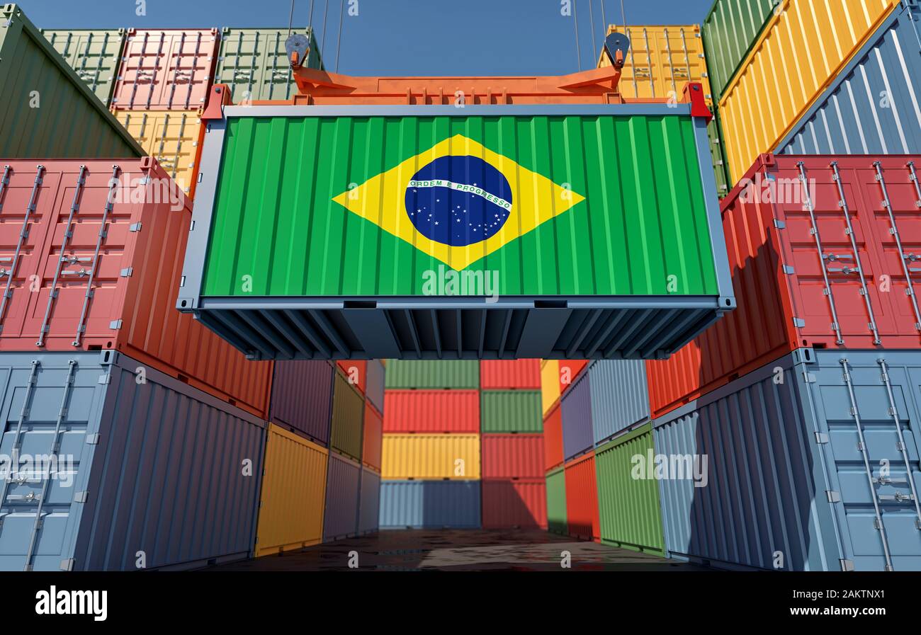 Container Terminal - Shipping Container with Brazil flag. 3D Rendering ...