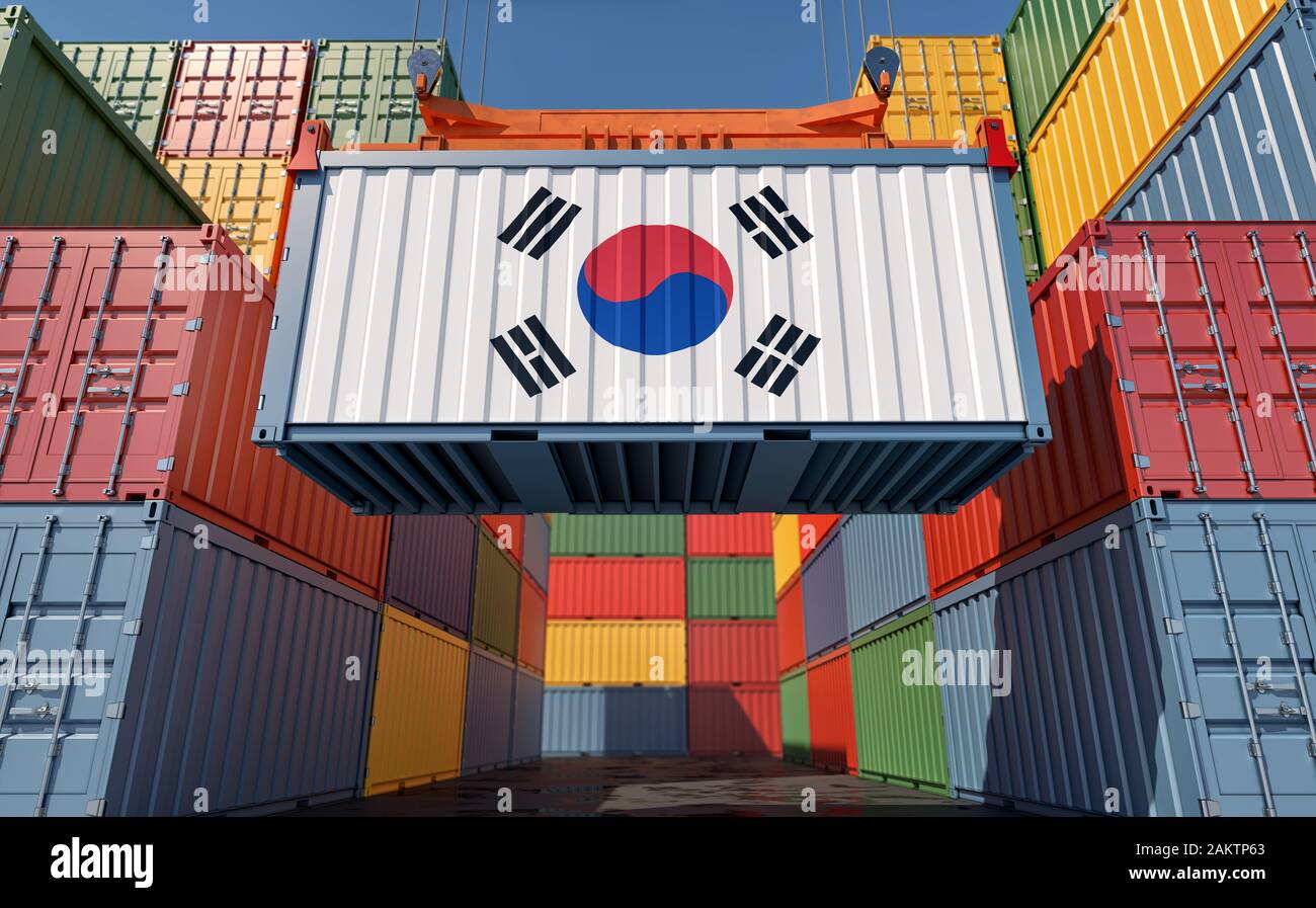 Container Terminal - Shipping Container with South Korea flag. 3D ...