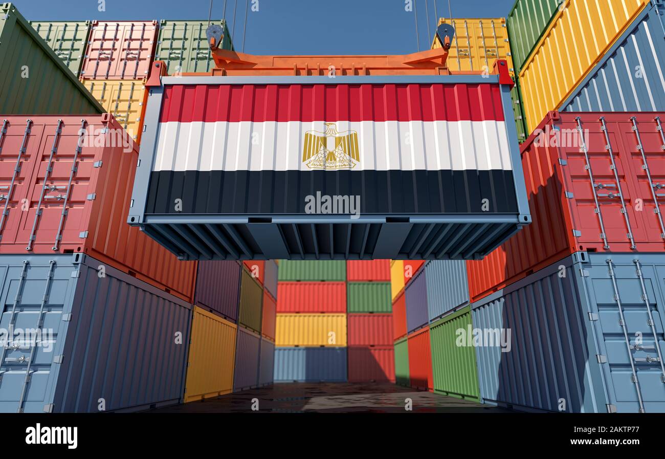 Container Terminal - Shipping Container with Egypt flag. 3D Rendering ...