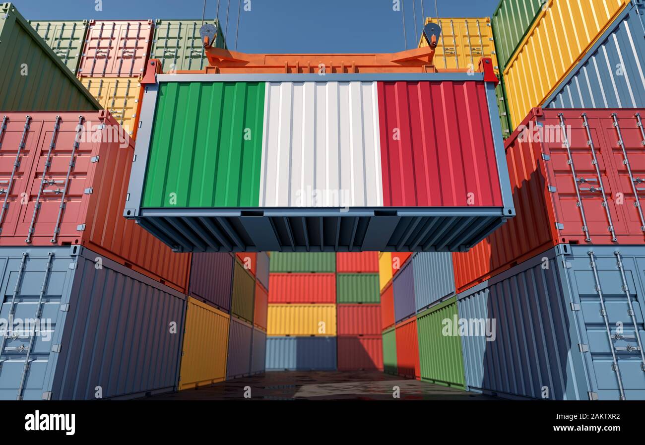 Container Terminal - Shipping Container with Italy flag. 3D Rendering ...