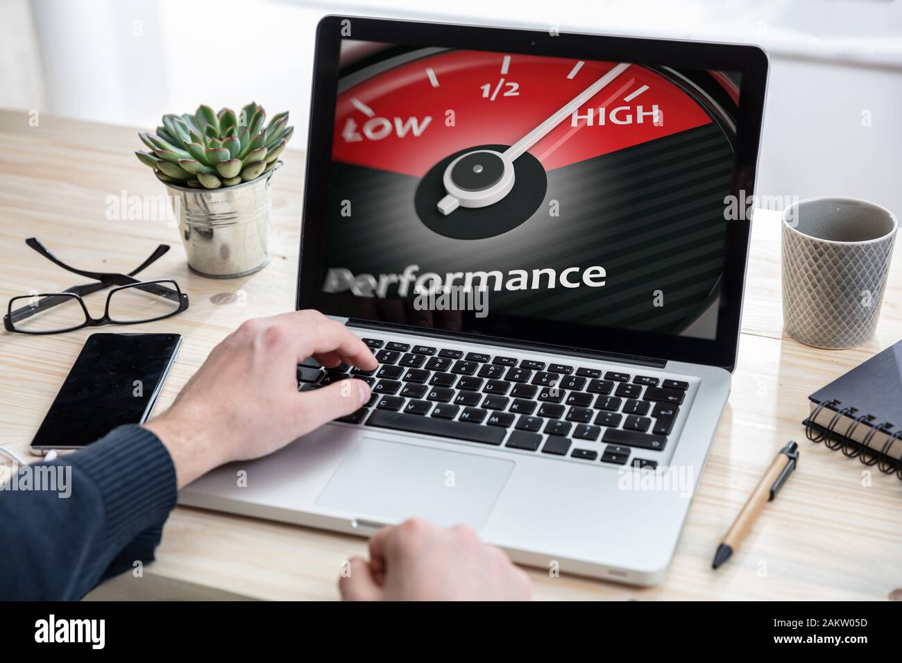 High performance concept. Man working with a computer, performance ...