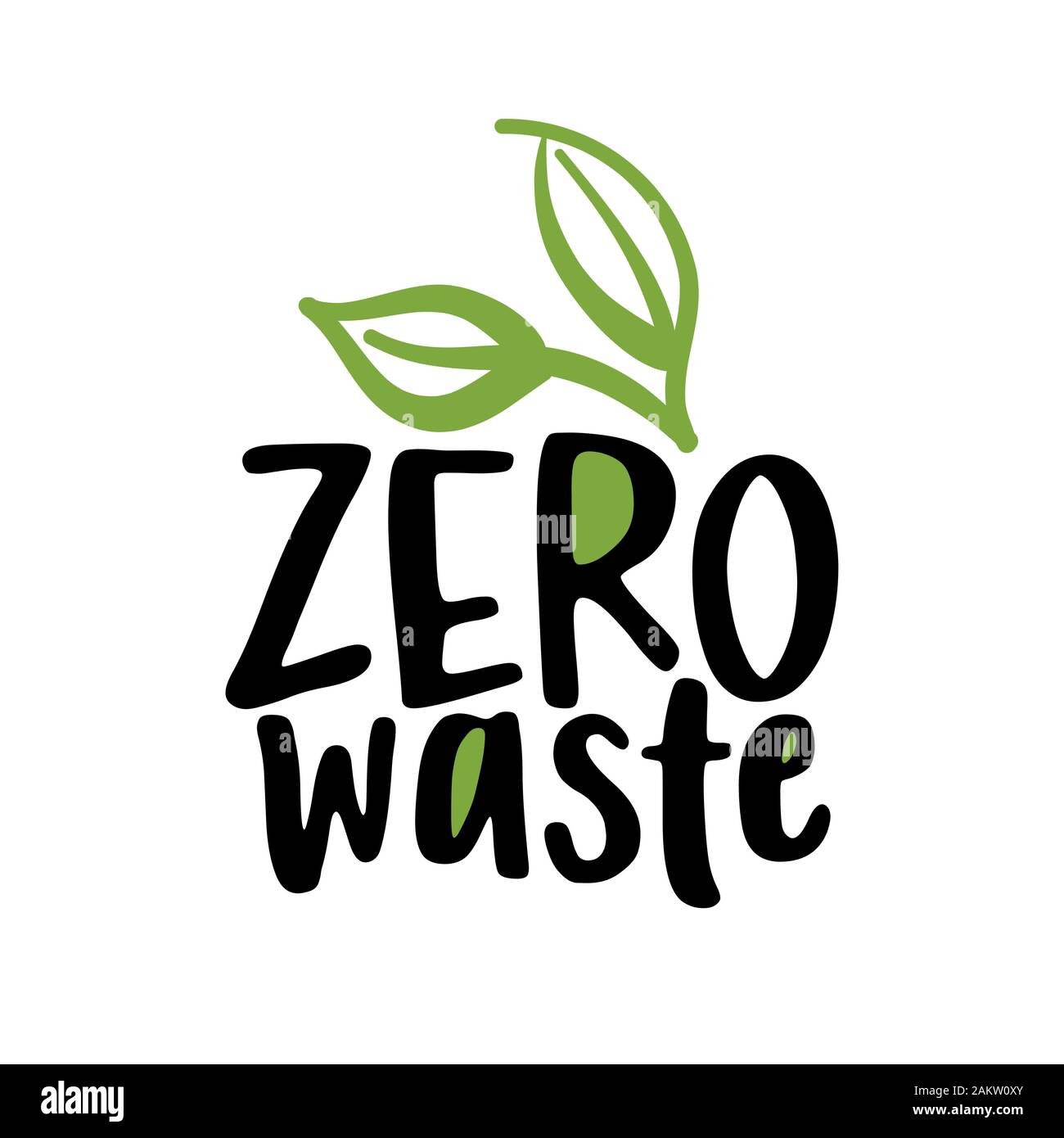 Zero waste logo with green leaves - Handwritten label. Lettering poster ...