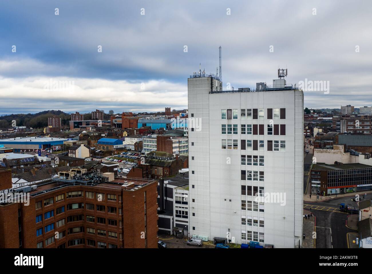 Aerial views of the main town in the potteries, Hanley the city centre ...