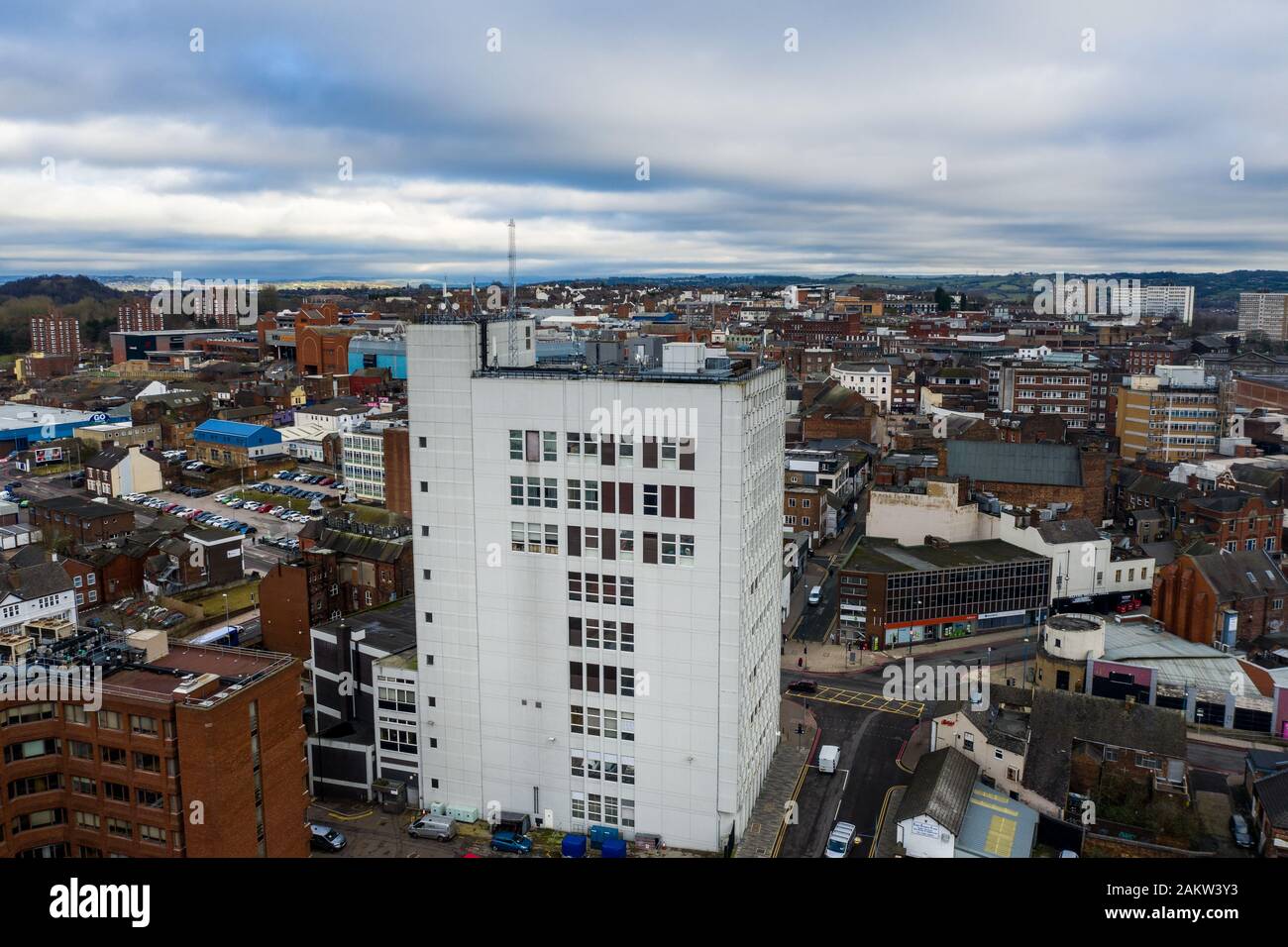 Aerial views of the main town in the potteries, Hanley the city centre ...