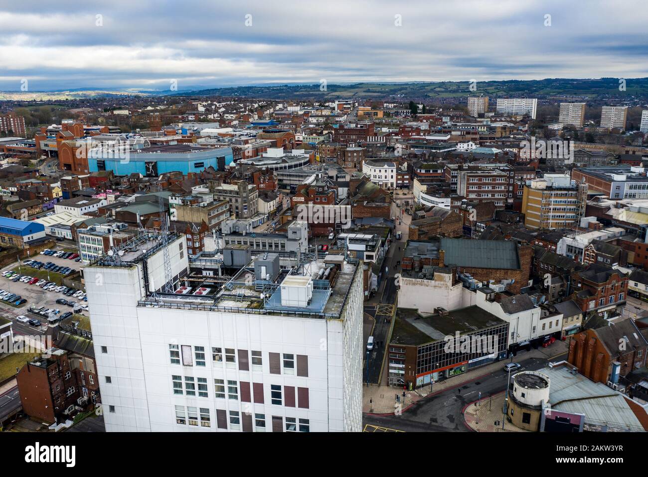 Aerial views of the main town in the potteries, Hanley the city centre ...