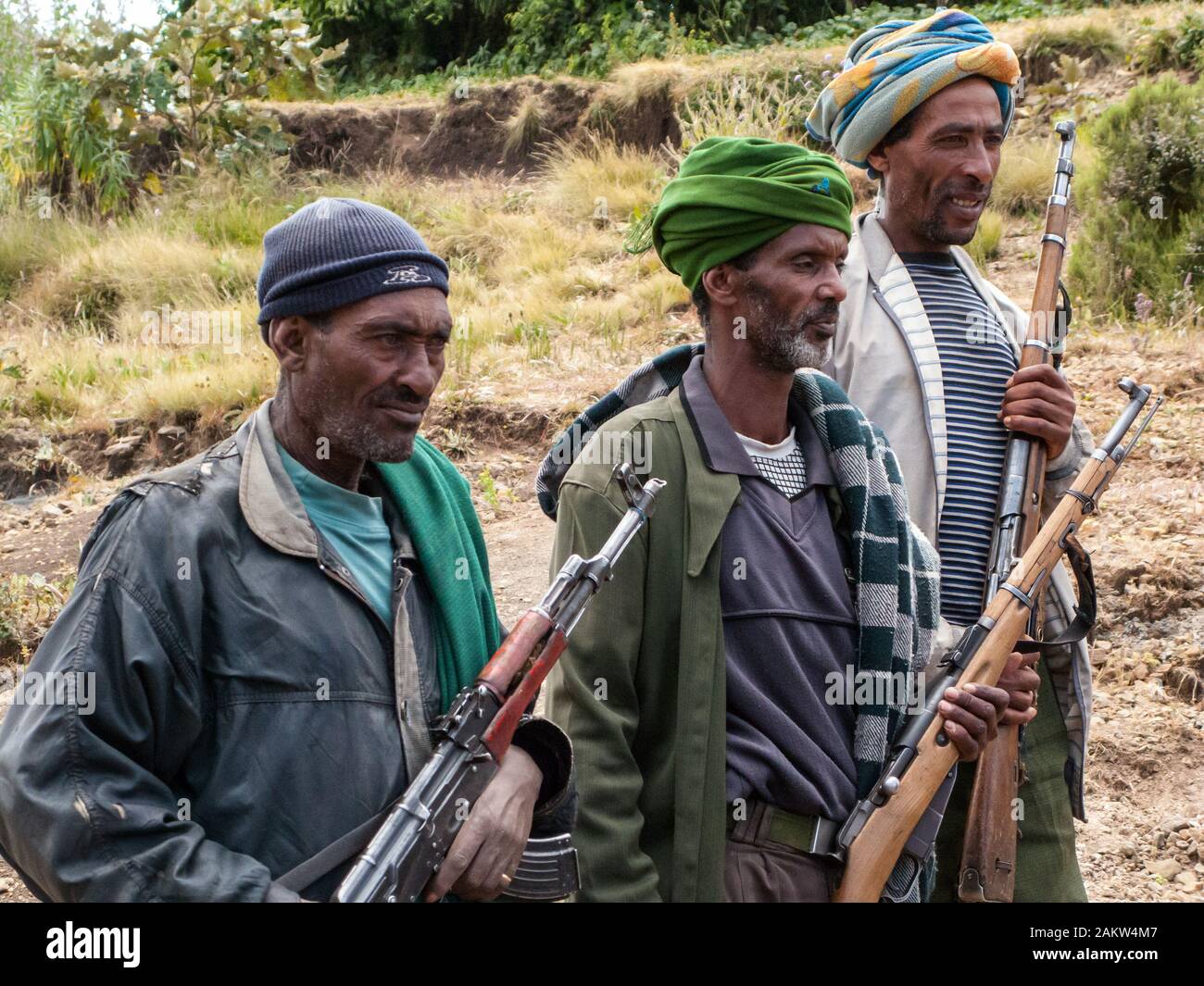 Armed villagers patrol their land area, Simien mountains, Ethiopia ...