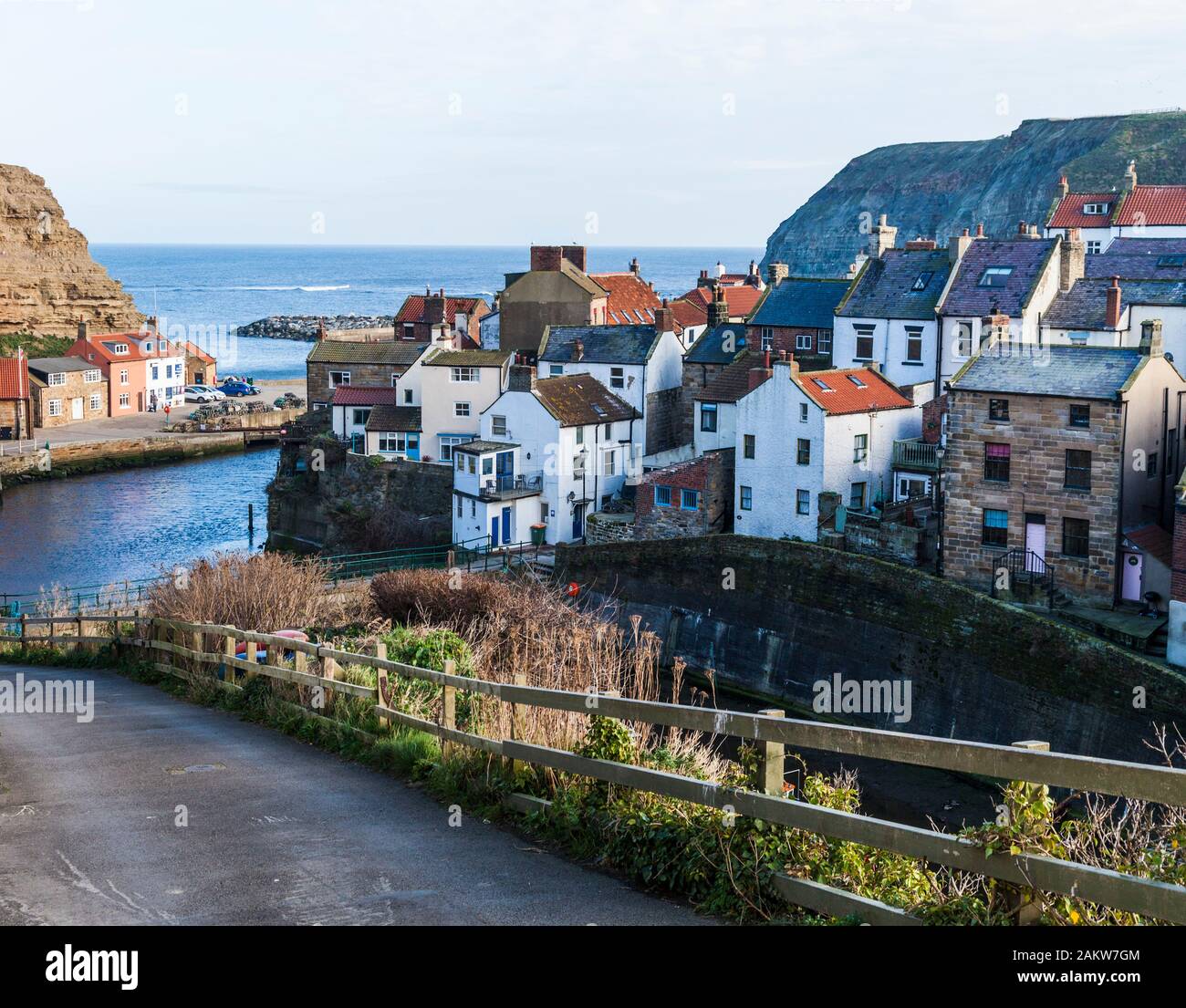 An elevated view of the village of Staithes,North Yorkshire,England,UK ...