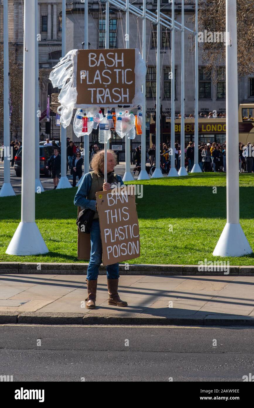 LONDON, UK - 24MAR2019: Man protesting about plastic pollution in ...
