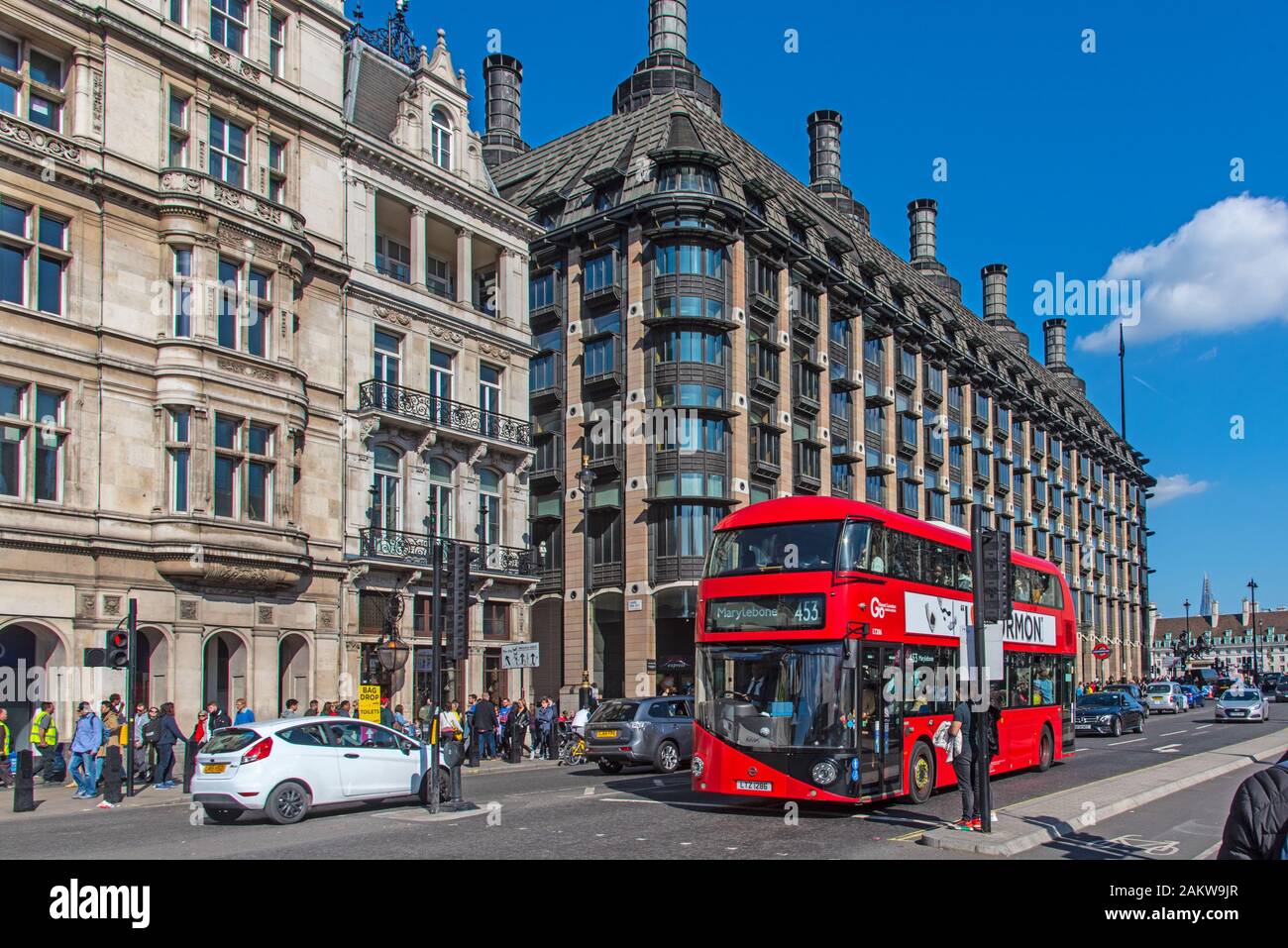 LONDON, UK - 24MAR2019: Red, double decker, New Routemaster bus with ...