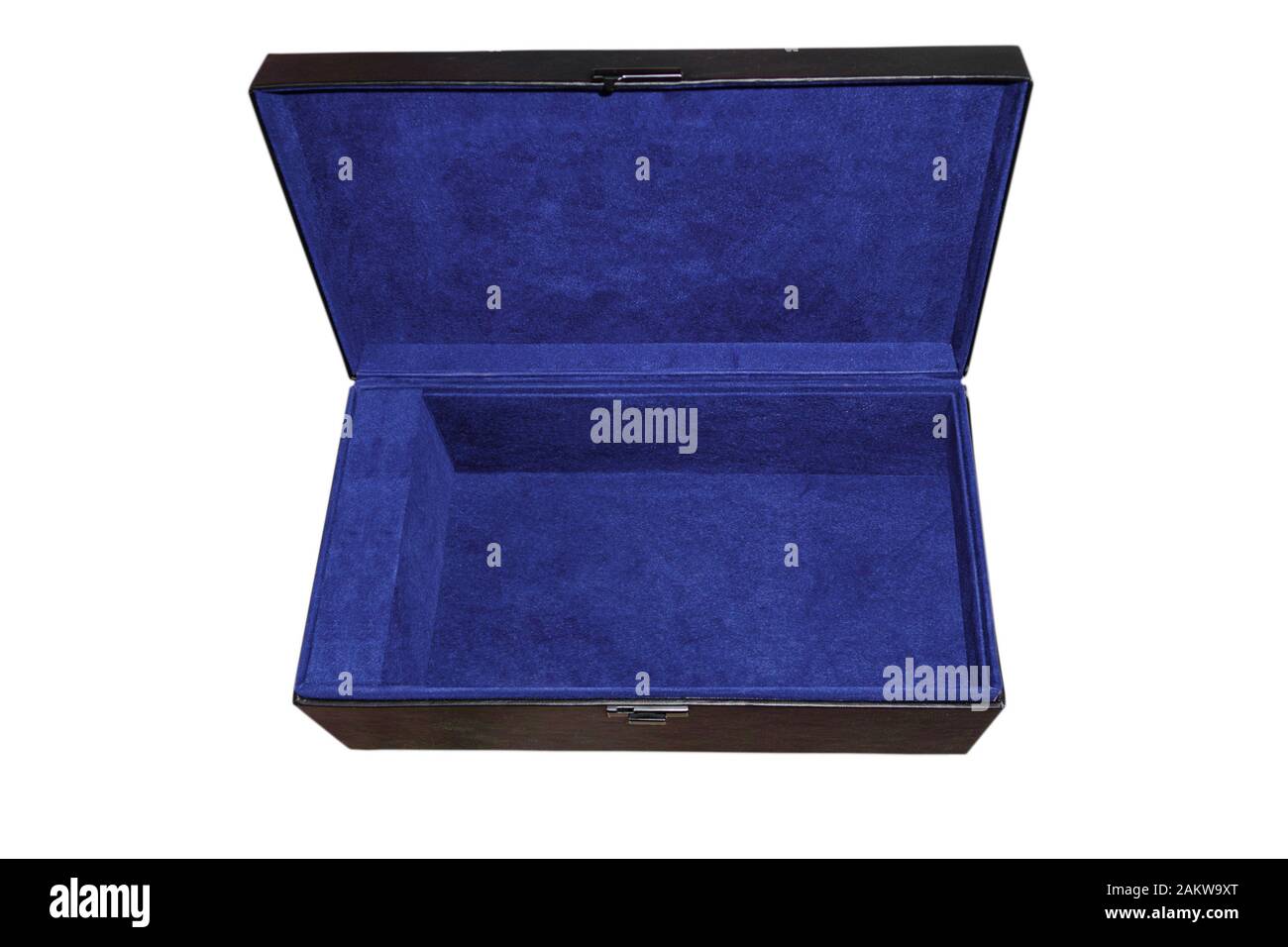 Opened big black box on white isolated background. Blue fabric inside ...