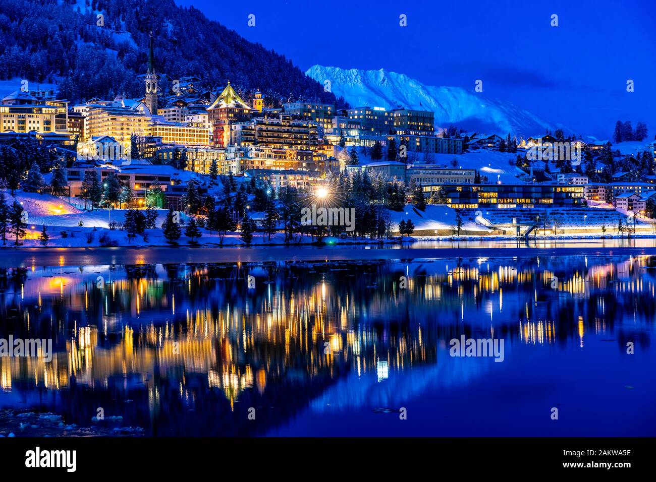 View of beautiful night lights of St. Moritz in Switzerland at night in ...
