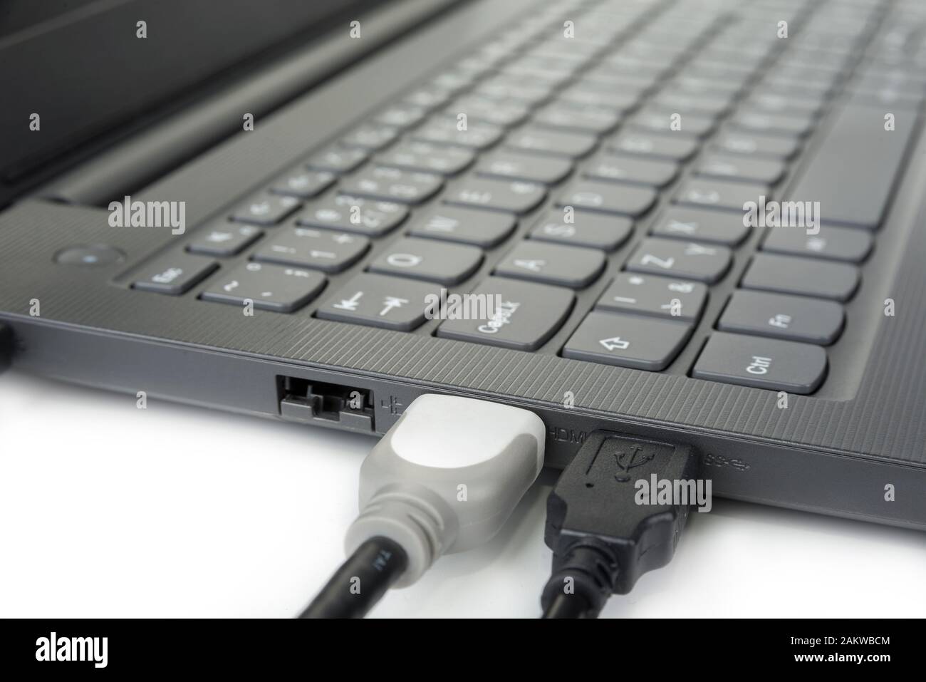 HDMI and USB cable pluged into laptop Stock Photo - Alamy