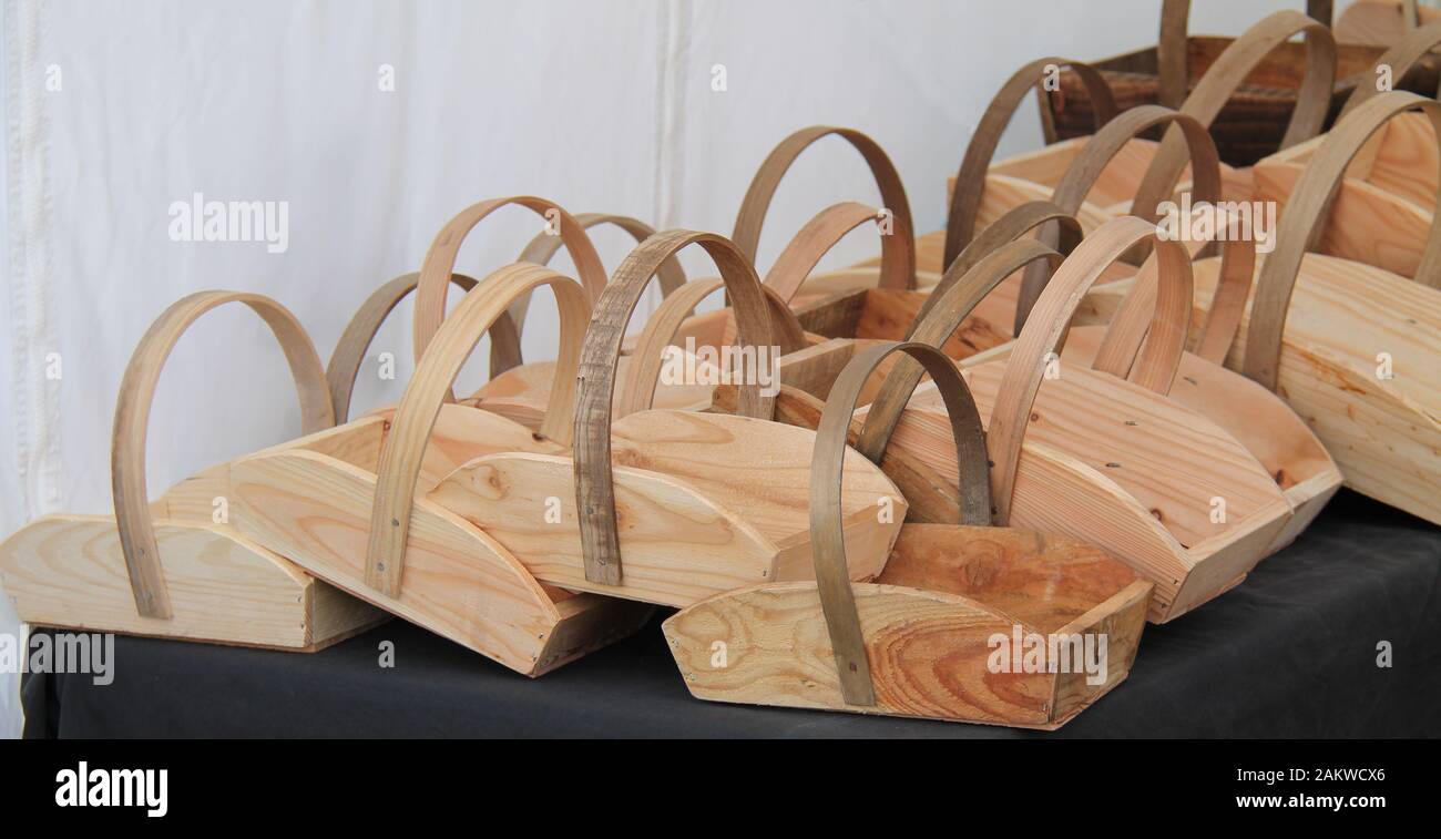 A Display of a Group of Wooden Carrying Baskets Stock Photo - Alamy
