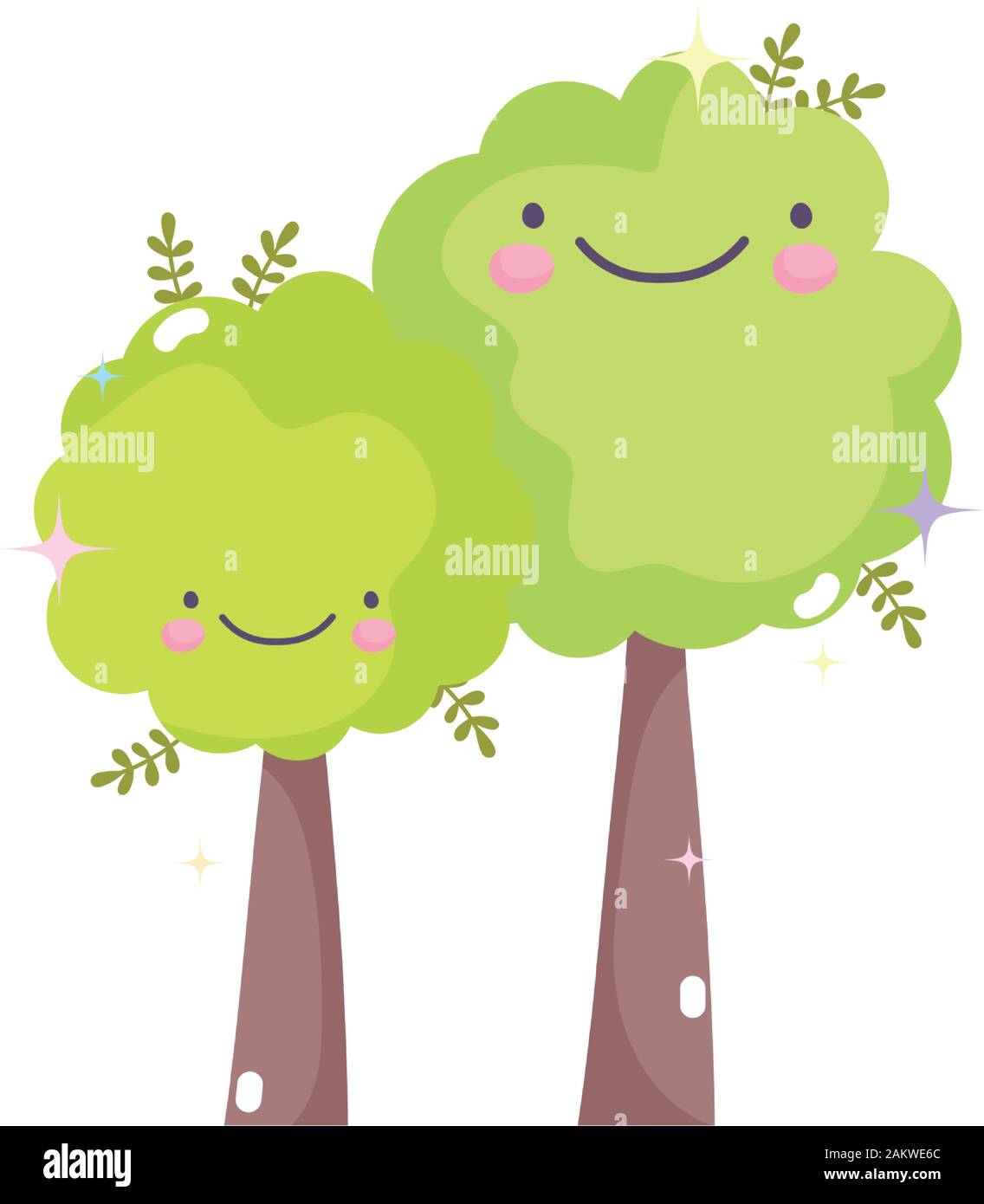 Kawaii Gardening Cartoon Happy Trees Characters Vector Illustration
