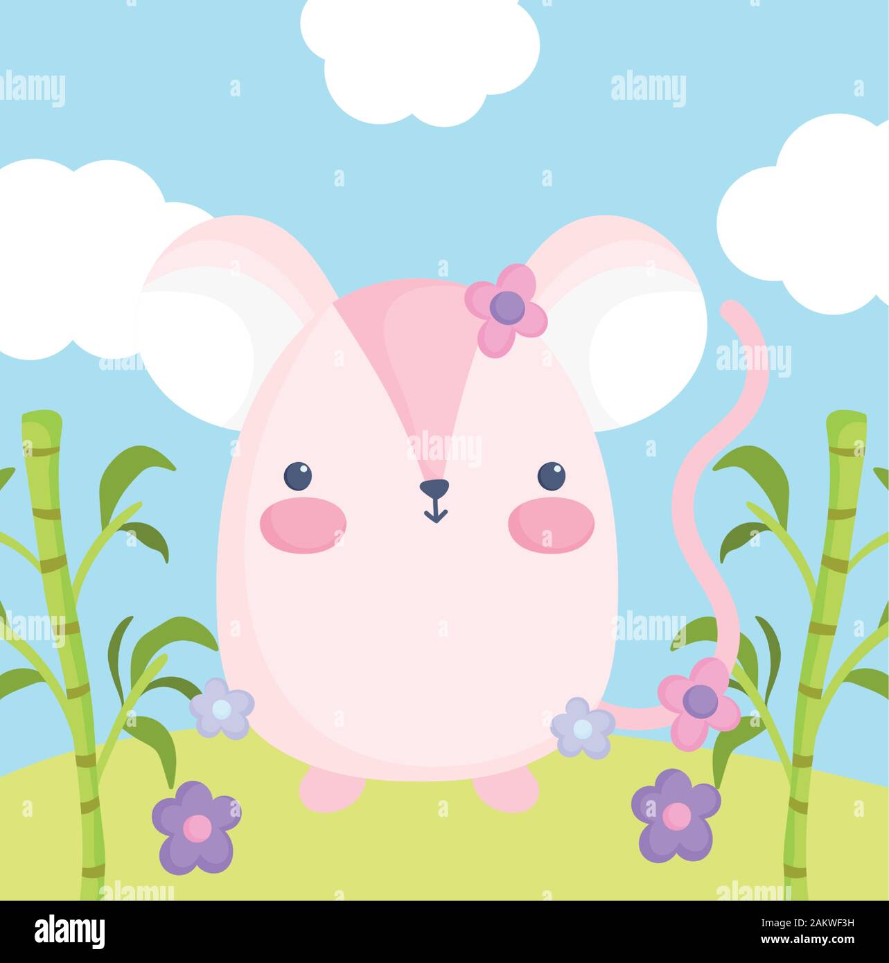 cute animals, little mouse with flowers plants clouds vector ...