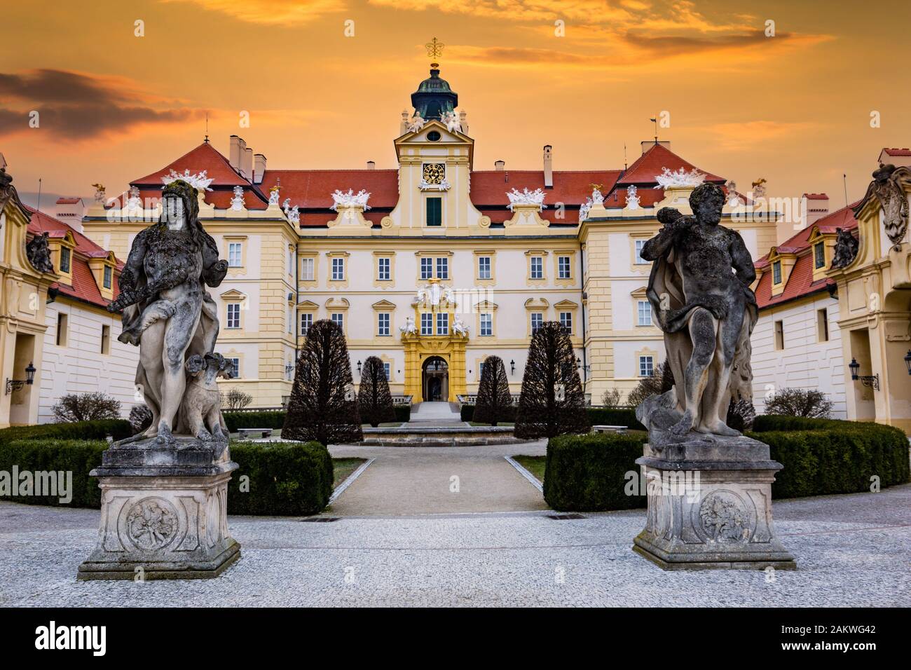 Beautiful castle in Valtice with wonderful sunset sky, South Moravia ...