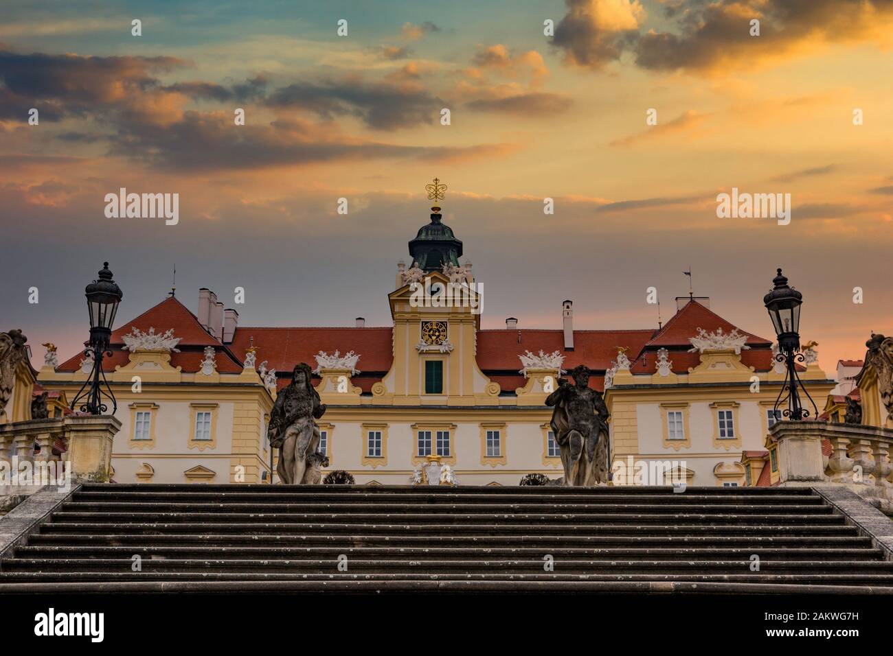 Beautiful castle in Valtice with wonderful sunset sky, South Moravia ...