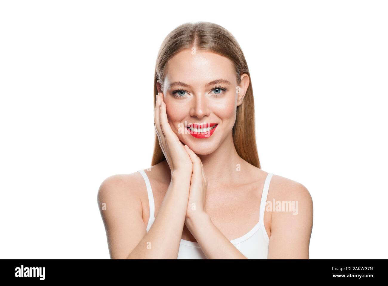 Young woman smiling isolated on white background. Healthy model girl ...