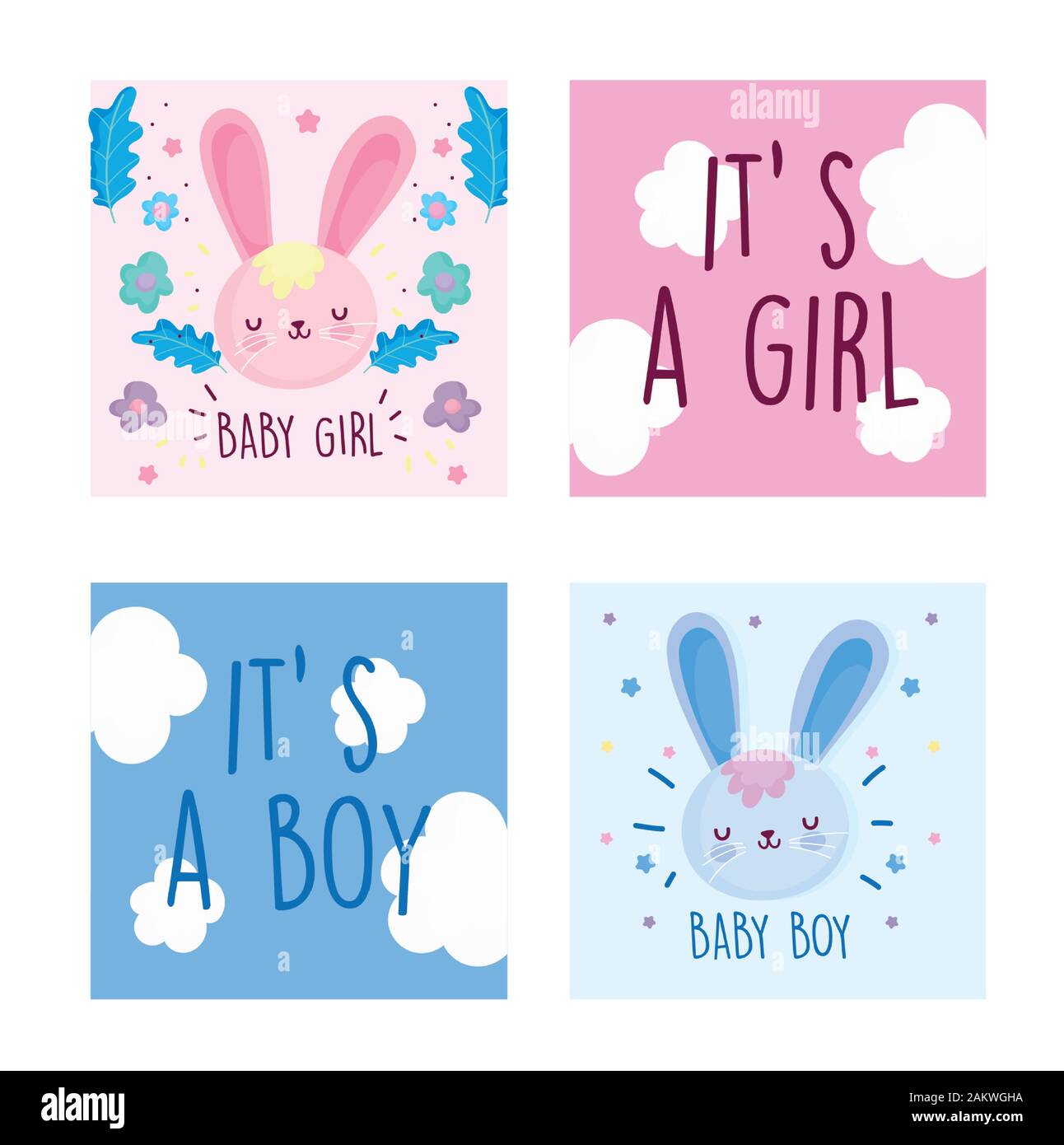 boy or girl, gender reveal cute rabbits flowers decoration cards vector ...