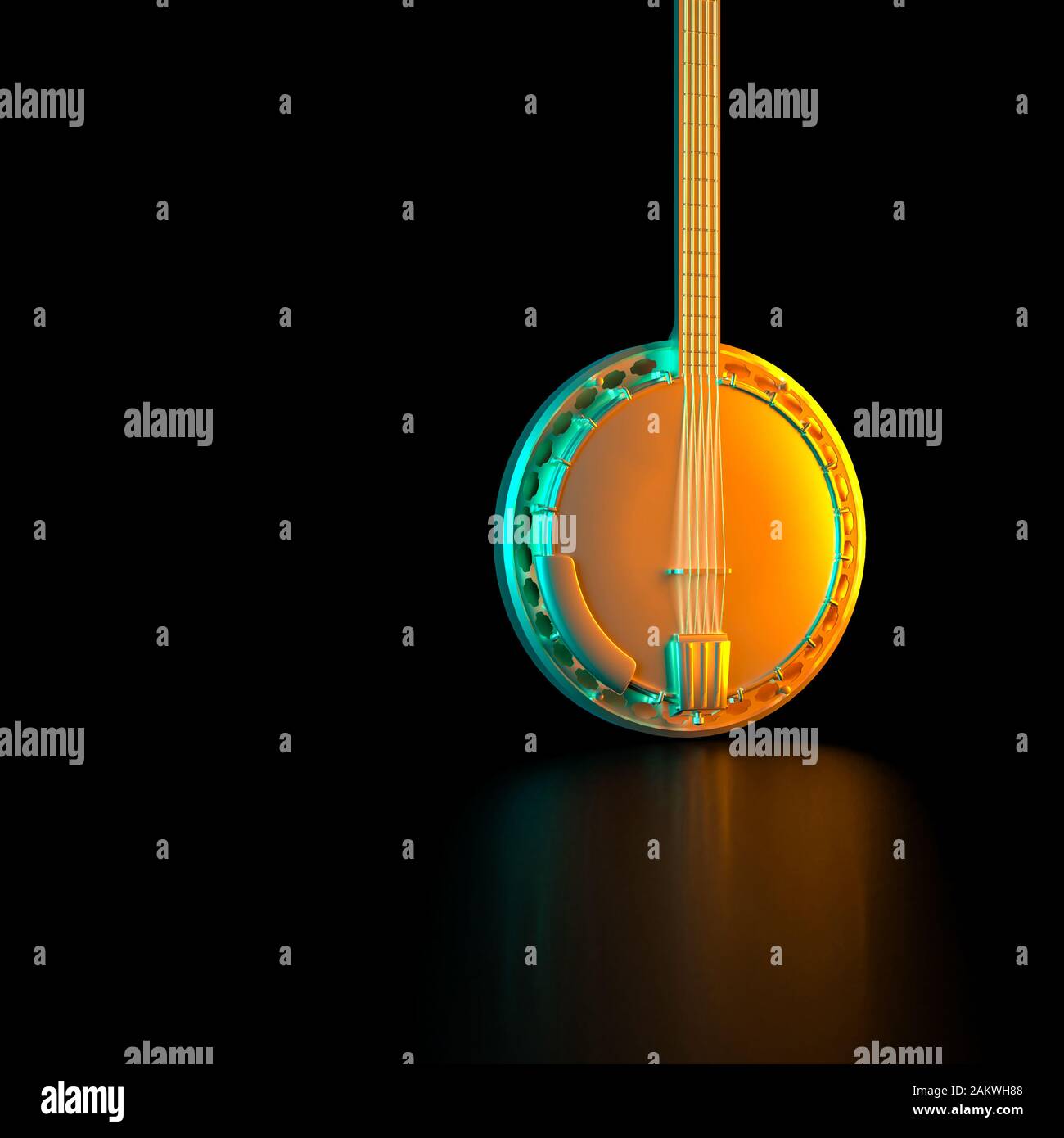 3d render image of a banjo on a black background, colored side lights ...