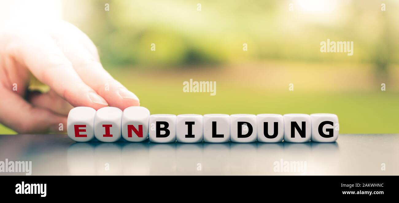 Hand turns dice and changes the German word "Einbildung" ("imagination ...