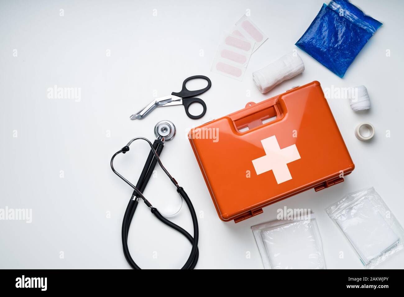 First Aid Kit With Medical Equipment On White Background Stock Photo ...