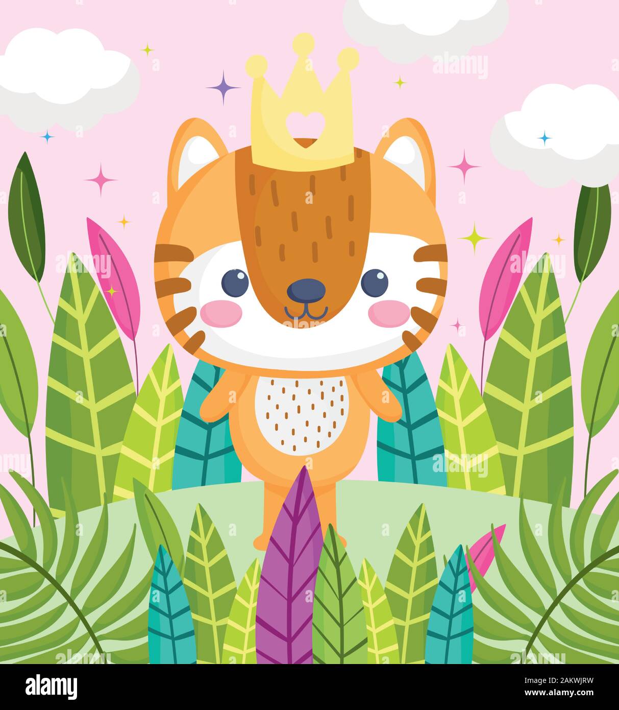 cute animals, little tiger with crown foliage leaves nature clouds ...