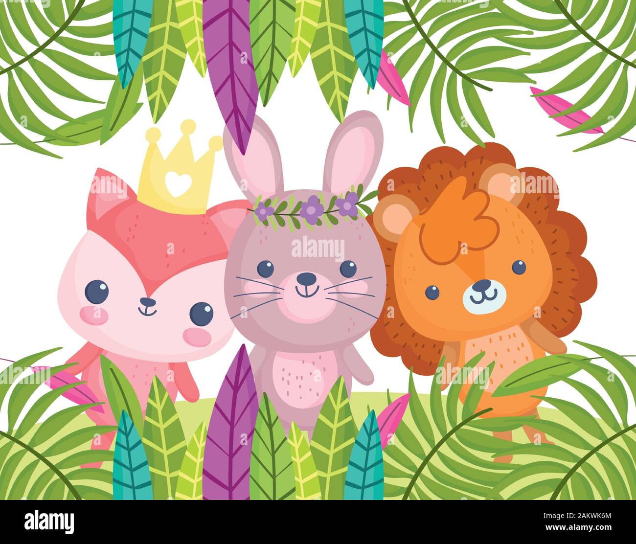 cute animals, little cartoon lion rabbit and fox foliage vector ...