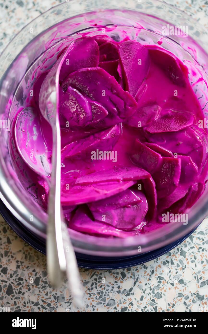 Beetroot carpaccio with cream in bowl Stock Photo - Alamy