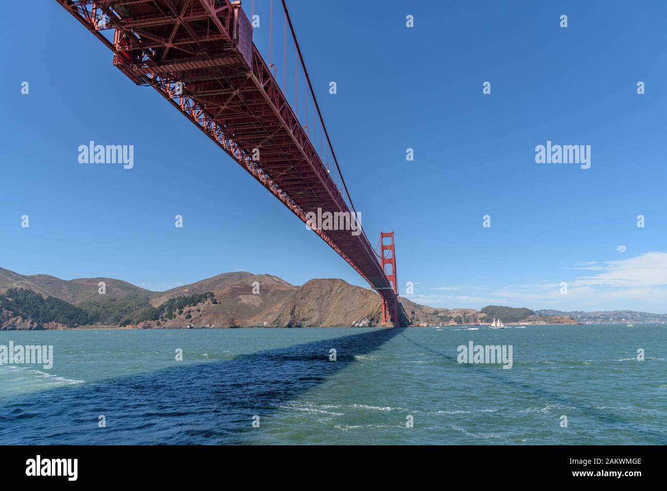 San Francisco's Golden Gate Bridge seen from below, sailing underneath ...