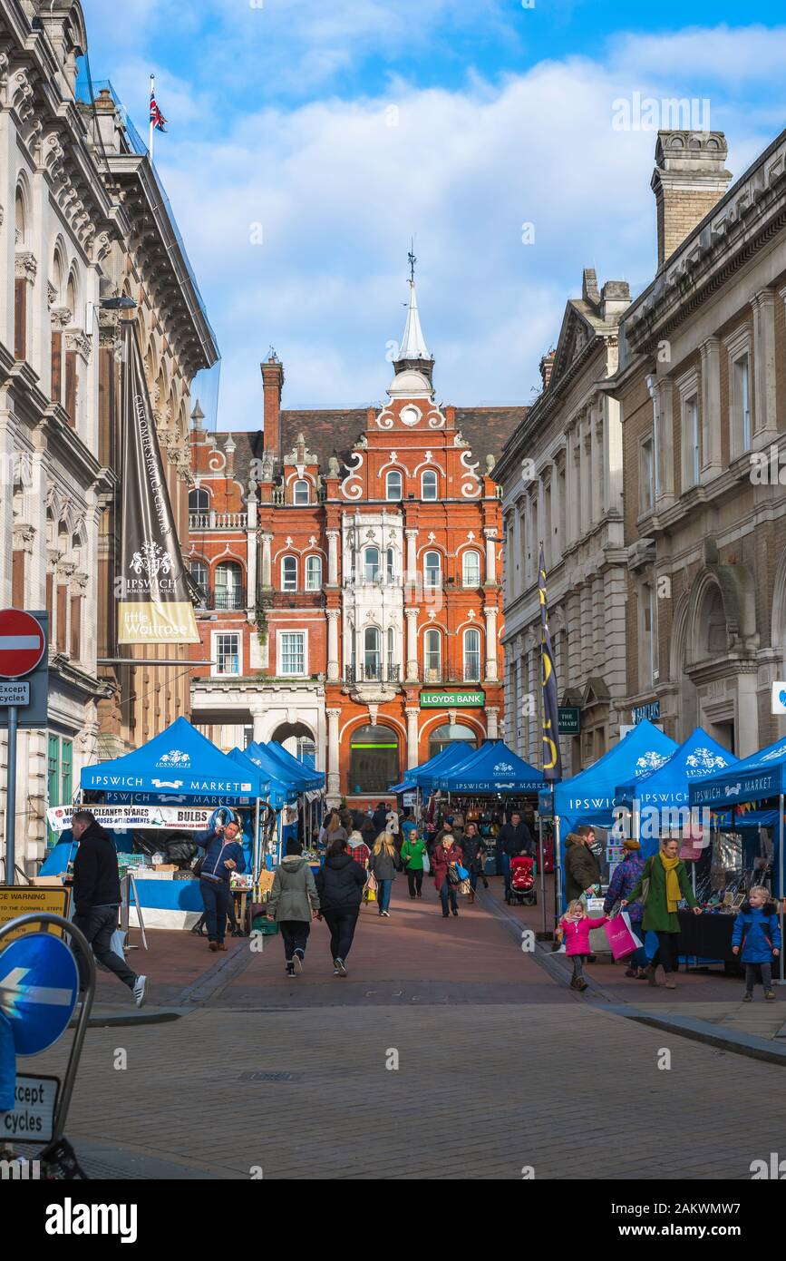 Street market Ipswich, view of stalls along Princes Street on market ...