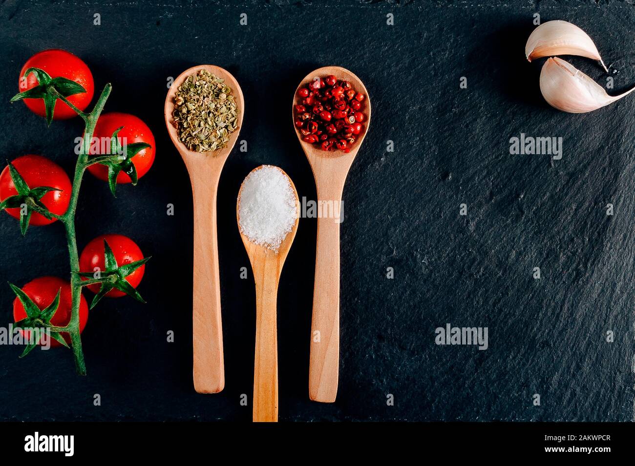 top view background of colorful food ingredients : fresh cherry ...