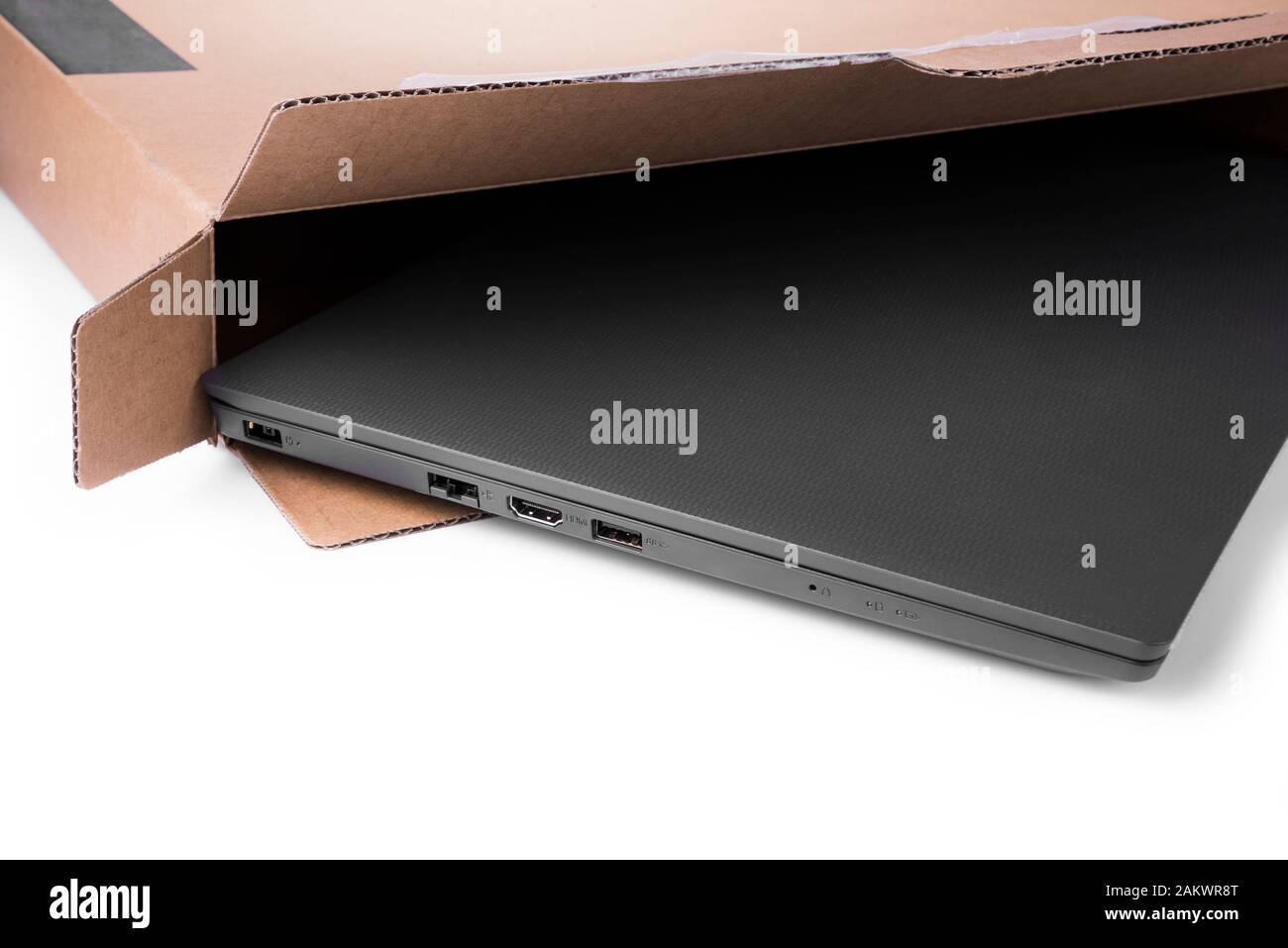 Modern slim lightweight laptop in a box Stock Photo - Alamy
