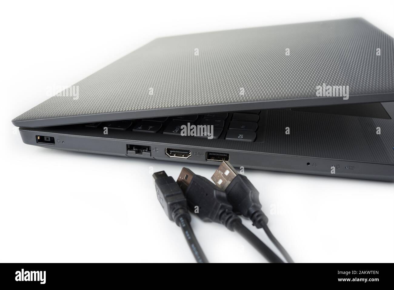 USB and power source plug of modern slim lightweight laptop Stock Photo ...