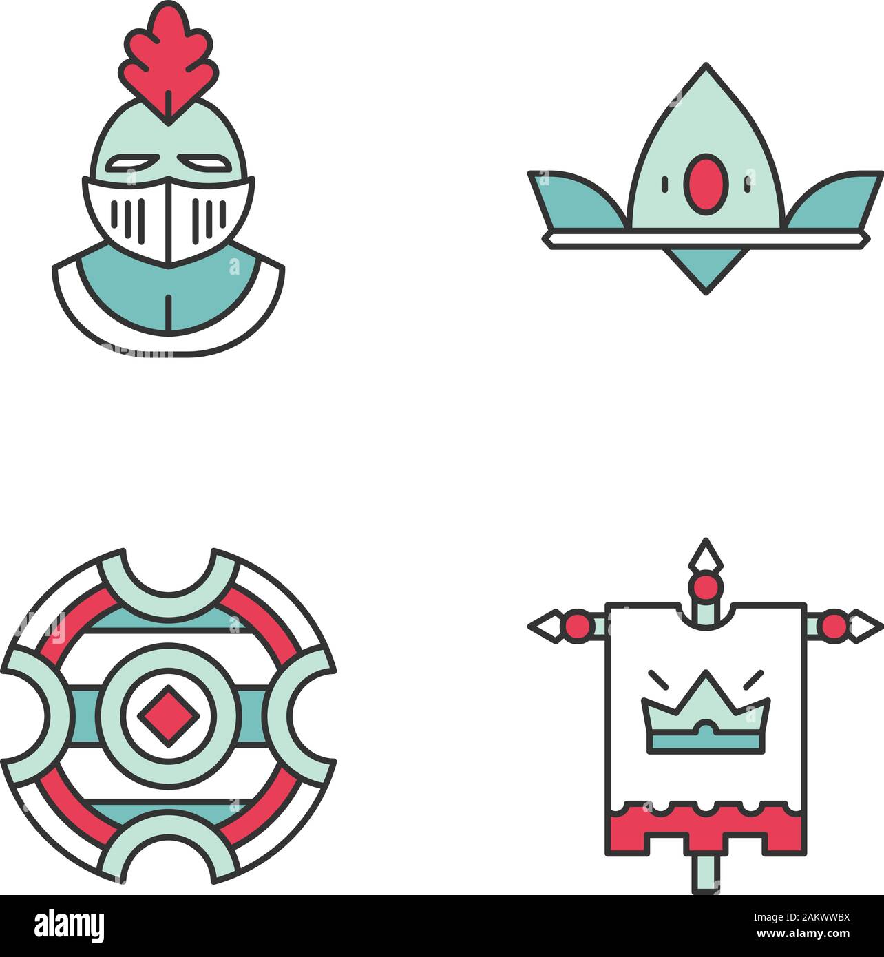 Medieval color icons set. Helmet, royal crown, battle shield, king flag ...