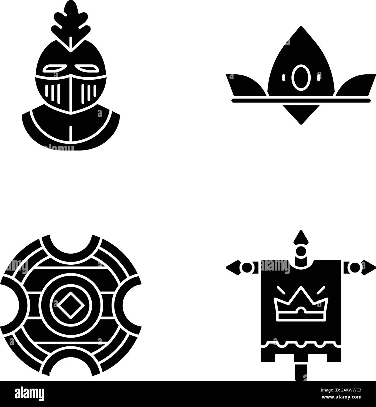 Medieval glyph icons set. Knight helmet, royal crown, battle shield ...