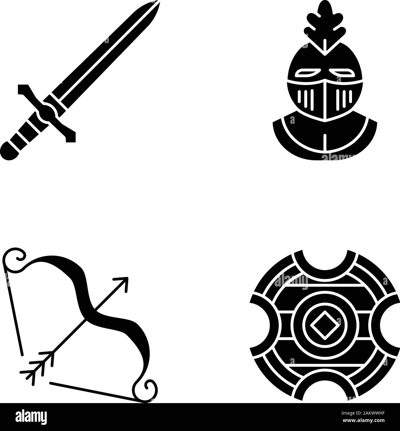 Medieval glyph icons set. Metal sword, knights helmet, battle shield ...