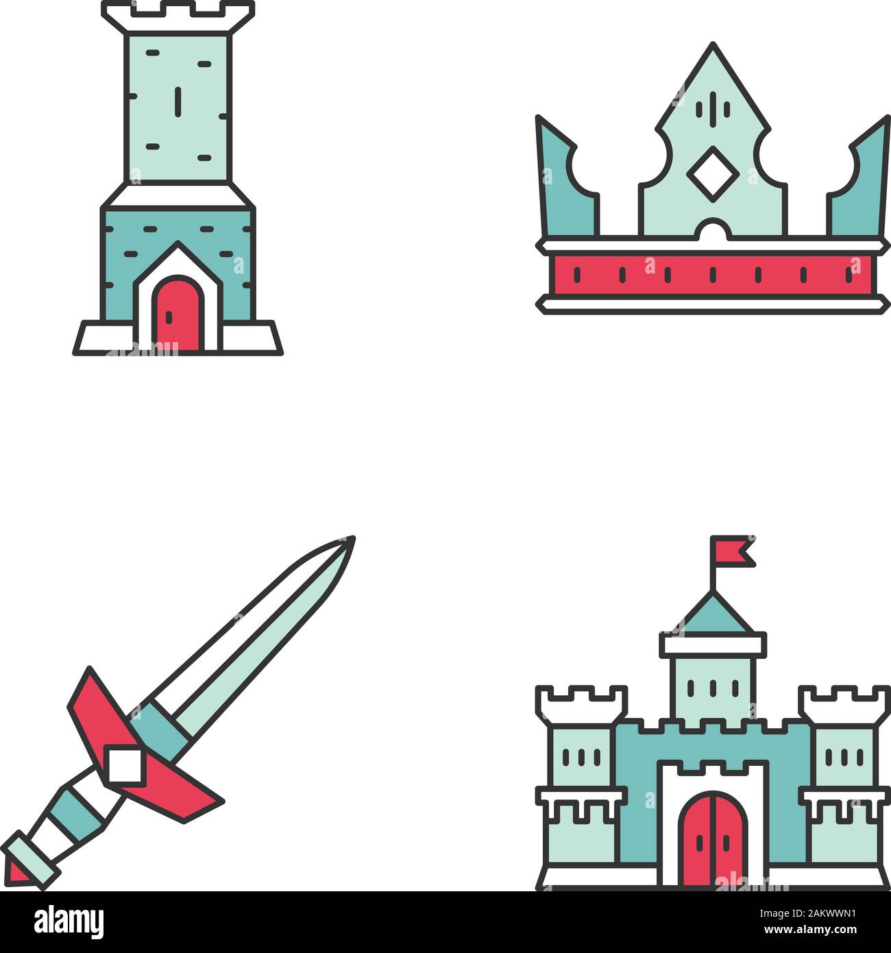 Medieval color icons set. Castle tower, king crown, metal sword, lord ...