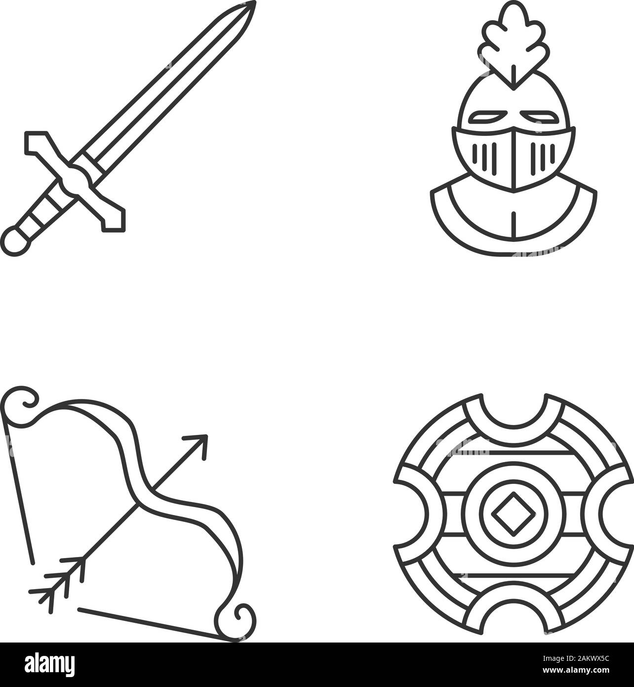 Meddieval linear icons set. Metal sword, knights helmet, battle shield ...