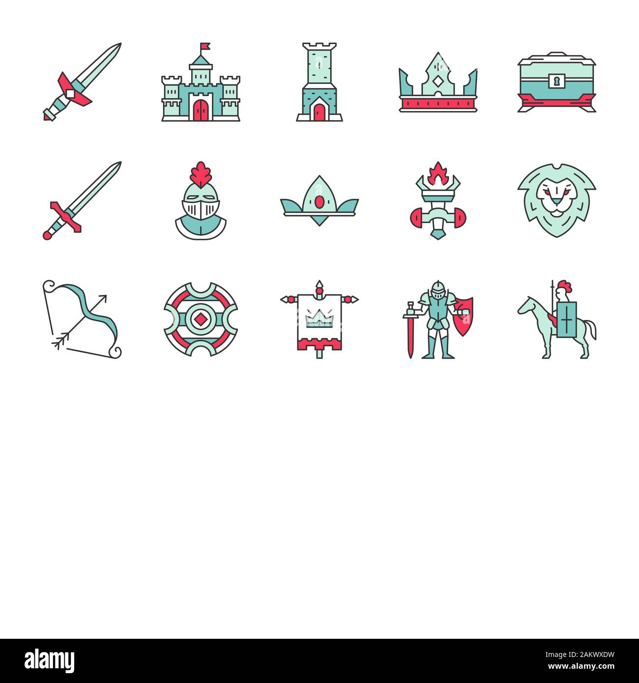 Medieval color icons set. Knights and weapon. Royal regals. Kingdom ...