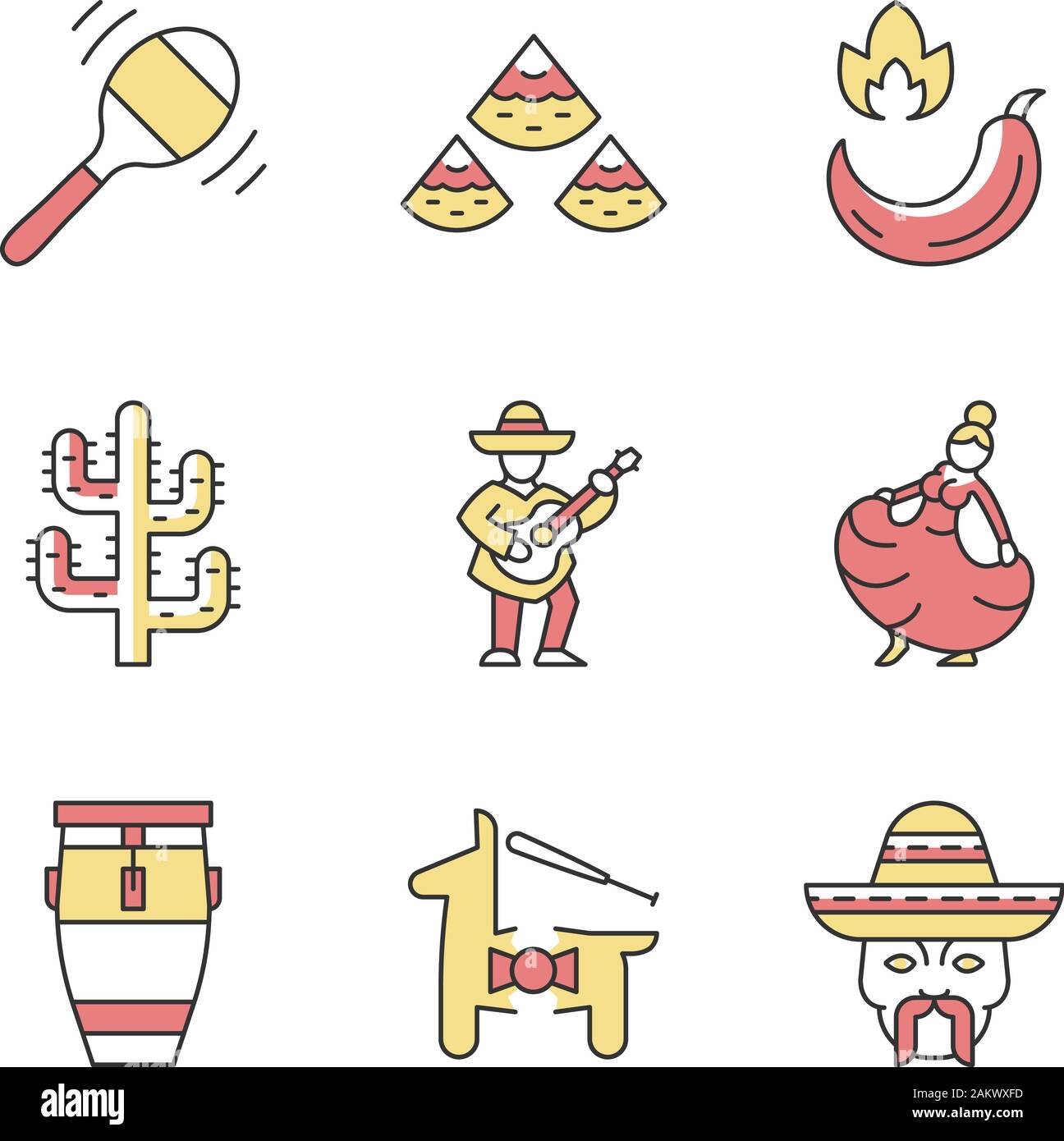 Mexican color icons set. Latin American national music, dance, food ...